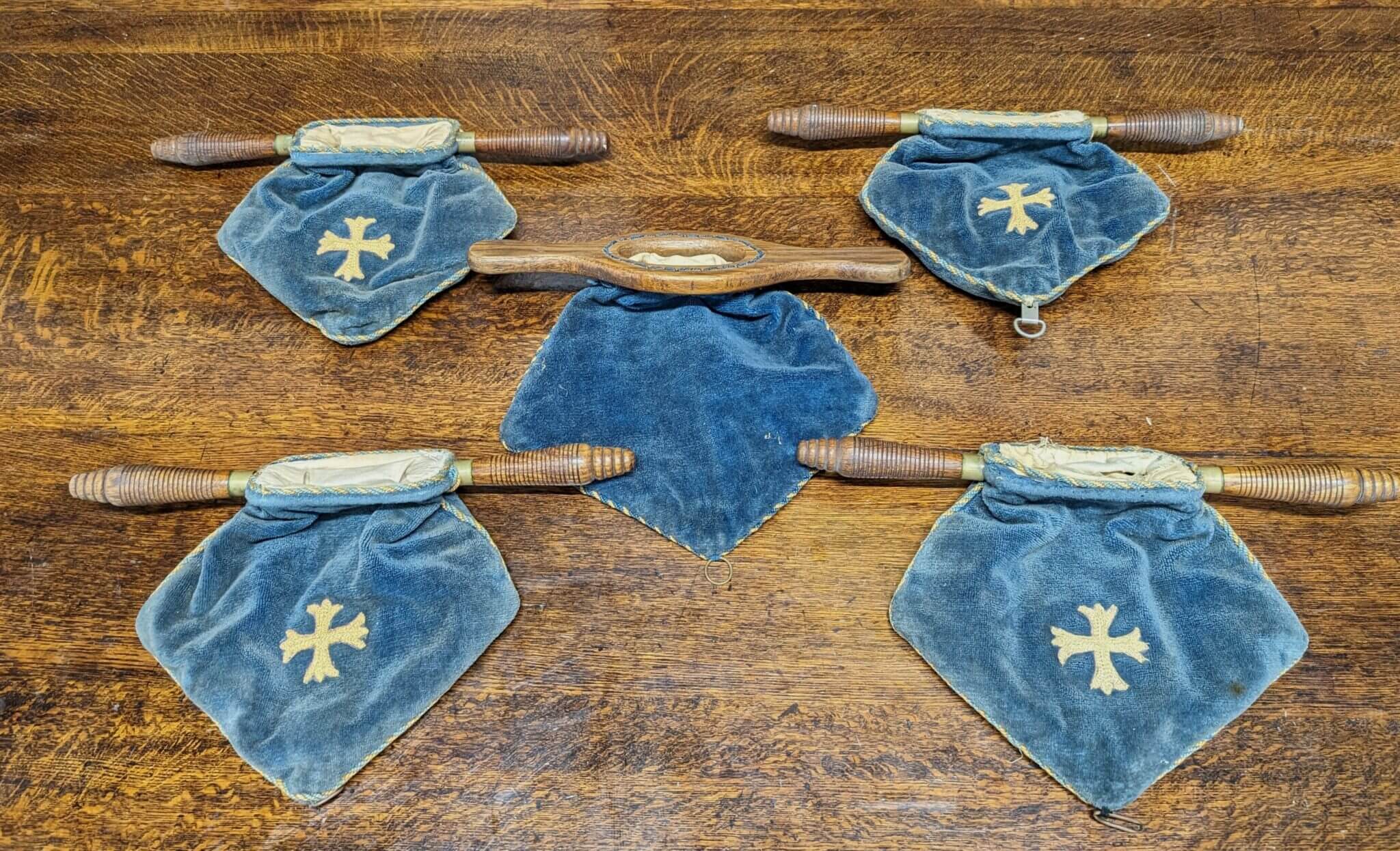 Antique Oak & Velvet Handled Collection Pouches