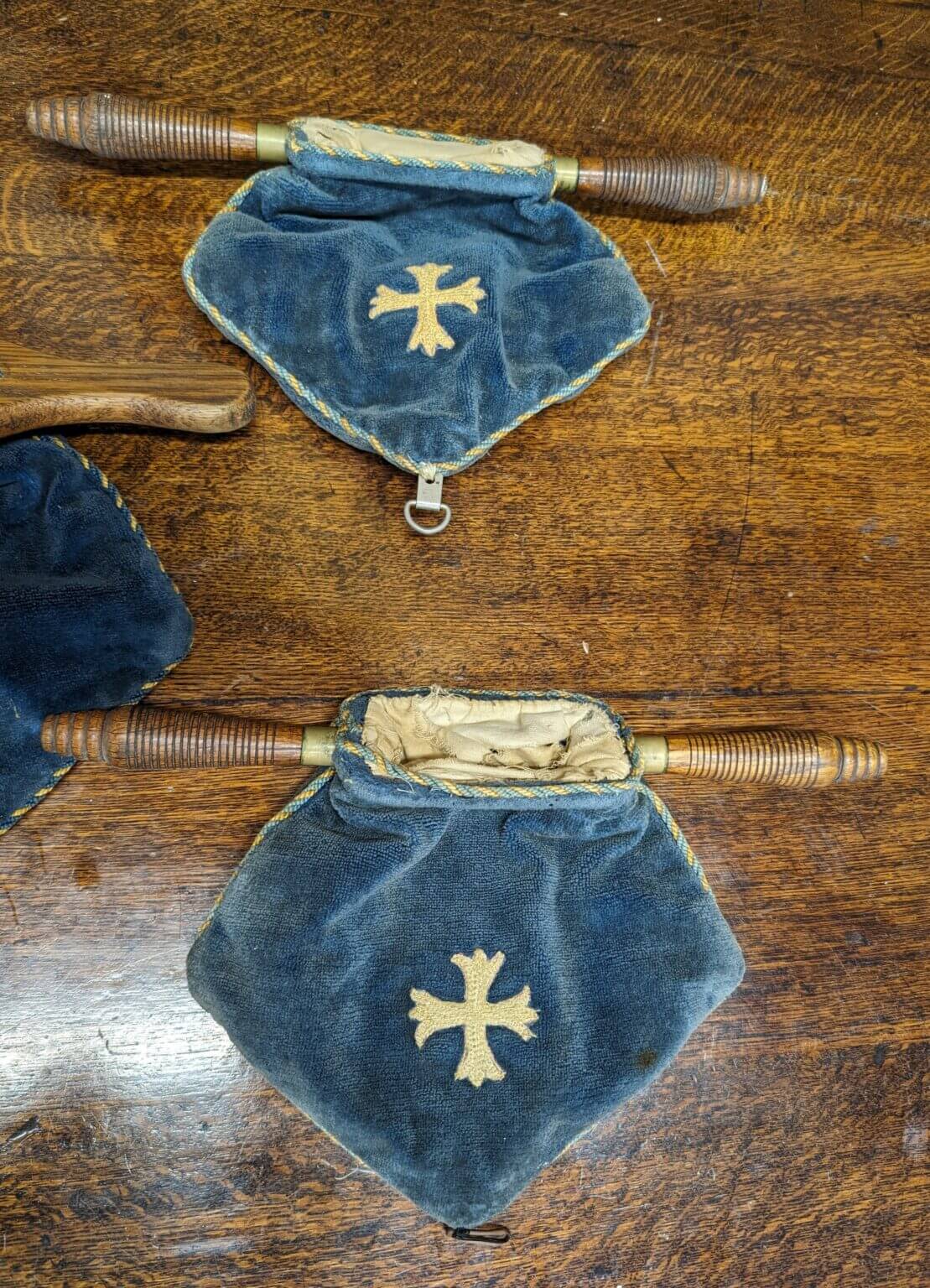 Antique Oak & Velvet Handled Collection Pouches