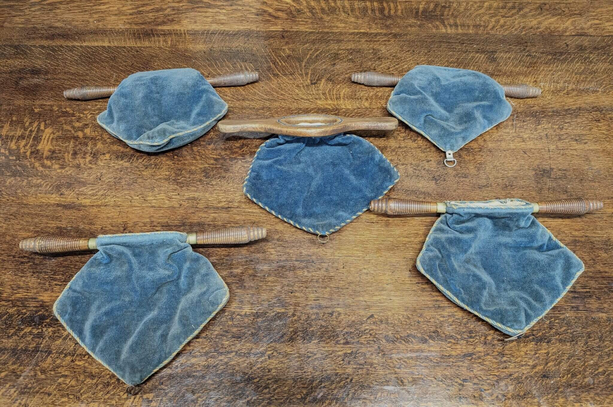 Antique Oak & Velvet Handled Collection Pouches