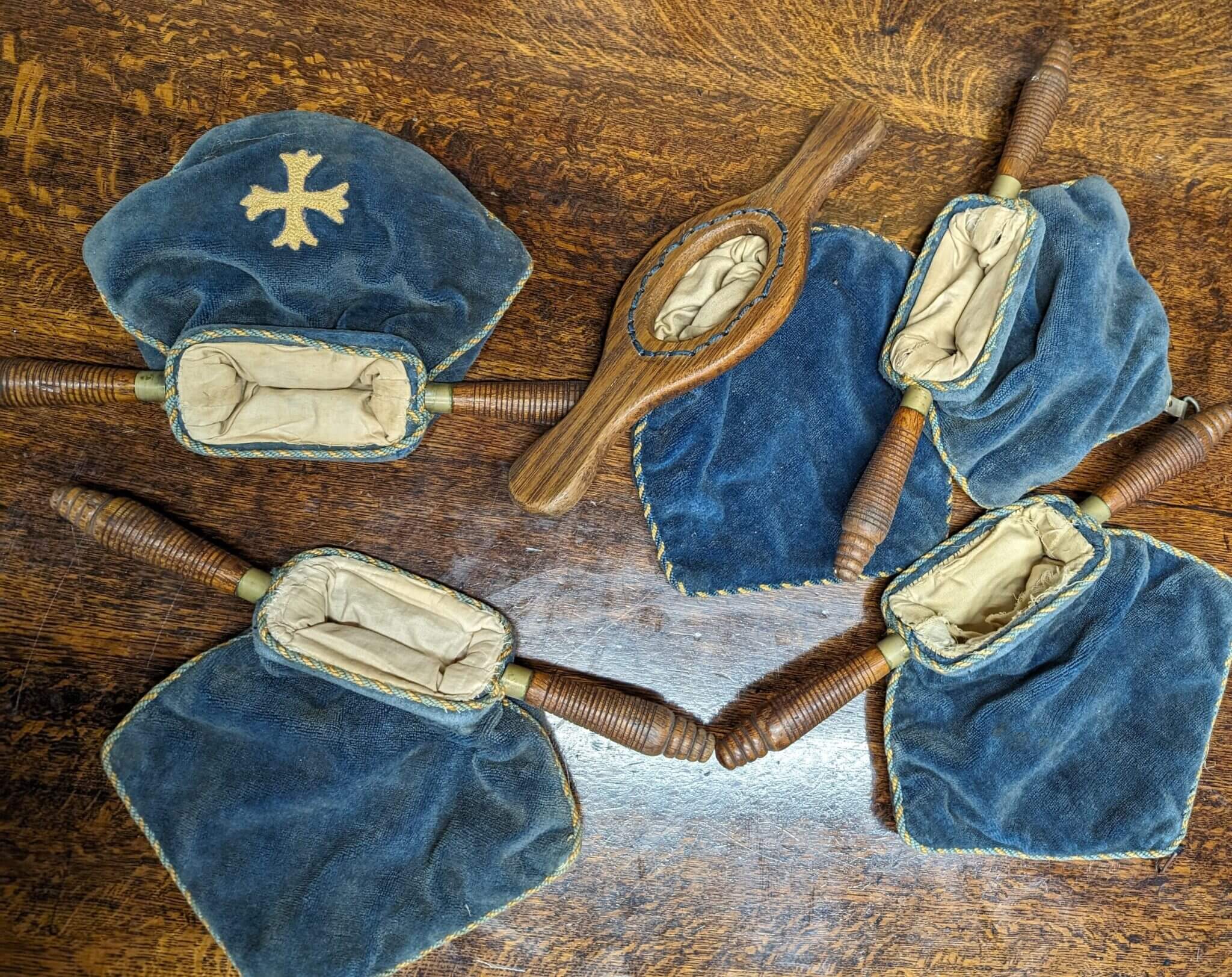 Antique Oak & Velvet Handled Collection Pouches