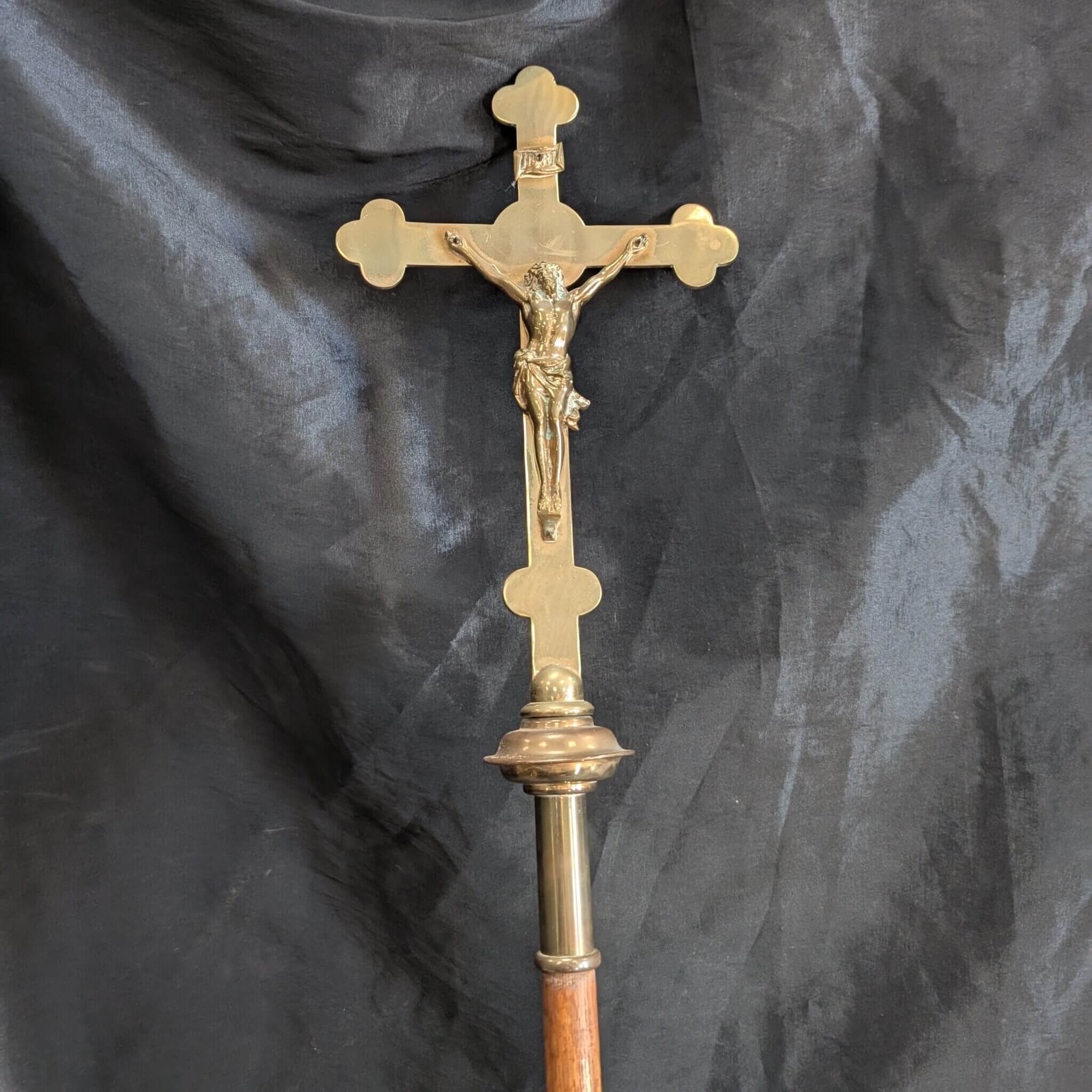 Traditional Vintage Brass & Oak Processional Cross with Stand