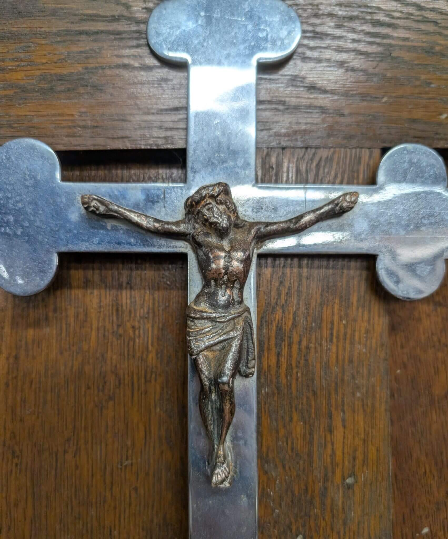 Nickel Plated Brass Vintage Processional Cross from Preston
