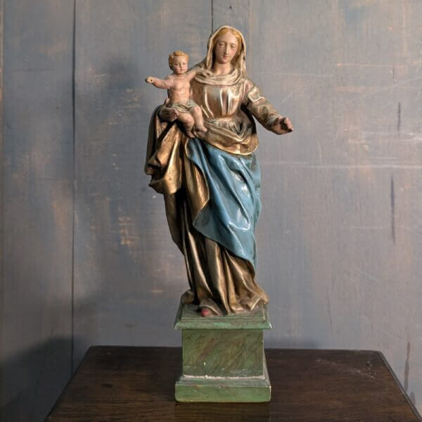 Antique Gold Hued Religious Statue Madonna & Child on Pedestal