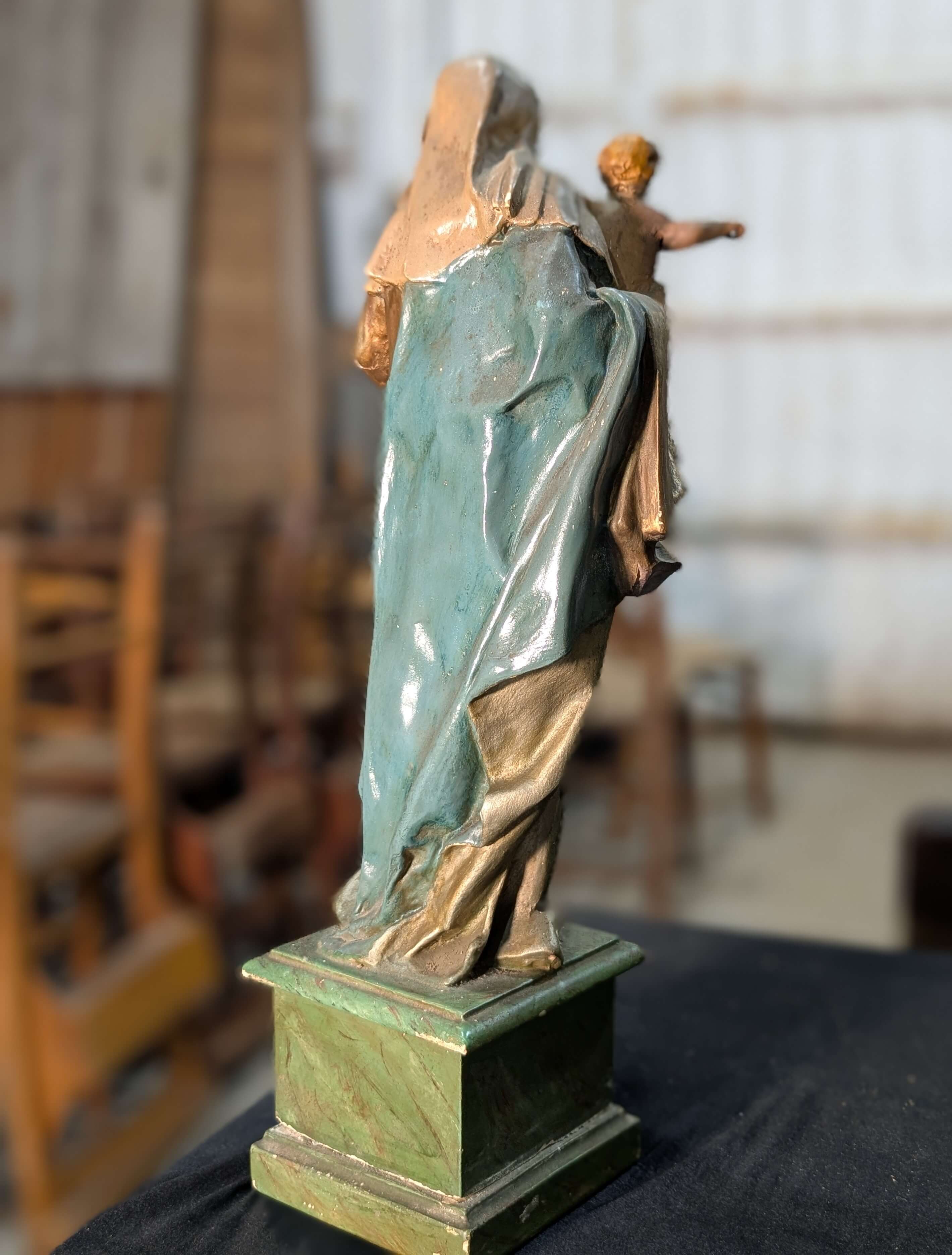 Antique Gold Hued Religious Statue Madonna & Child on Pedestal