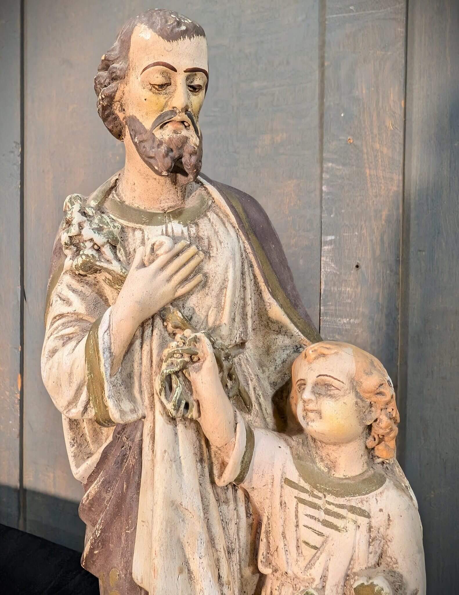 Antique French 'Peasant Art' Religious Statue of St Joseph & Christ
