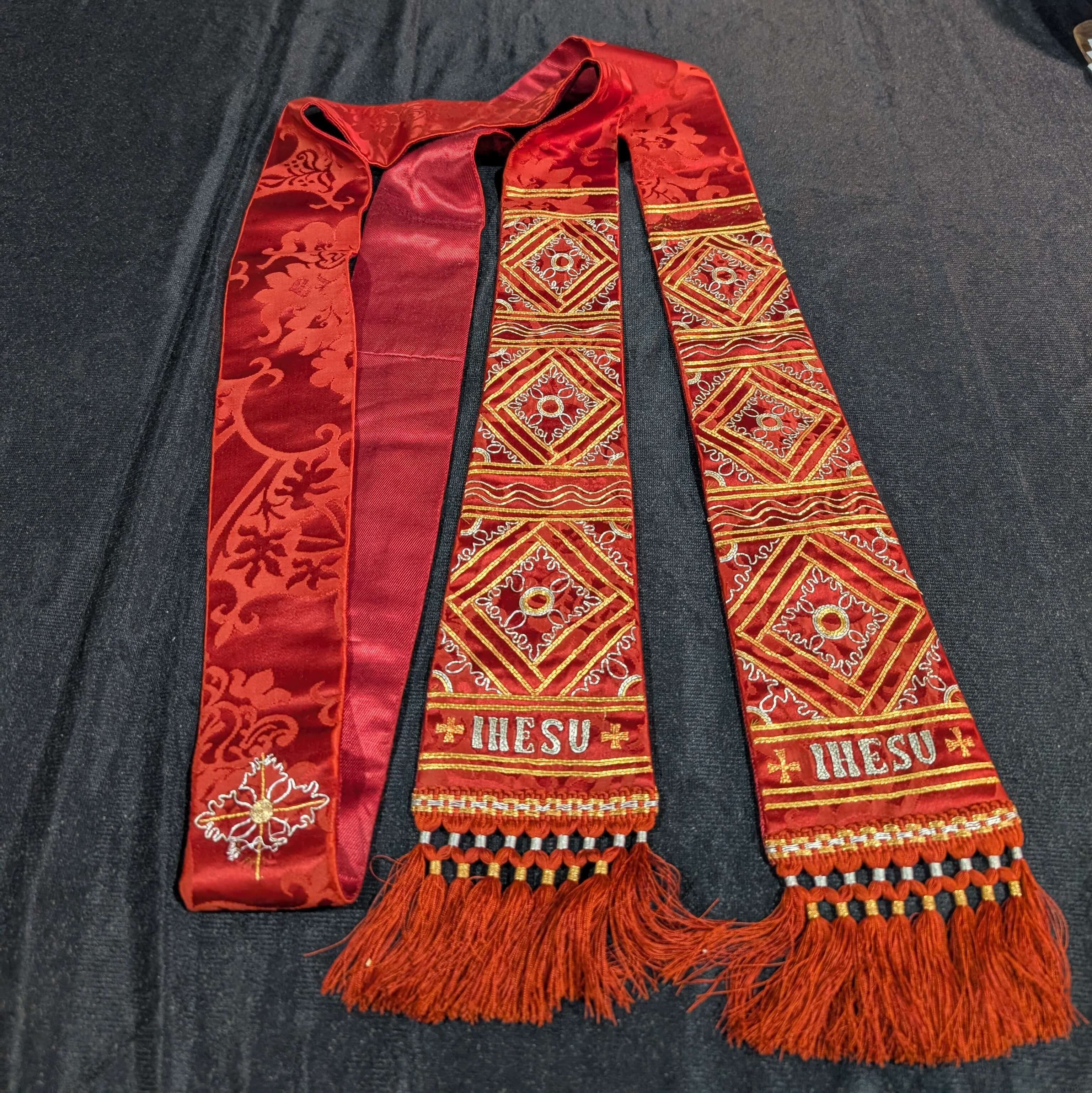 Rich Red Silk Damask Stole with Gold and Silver Thread Embroidery