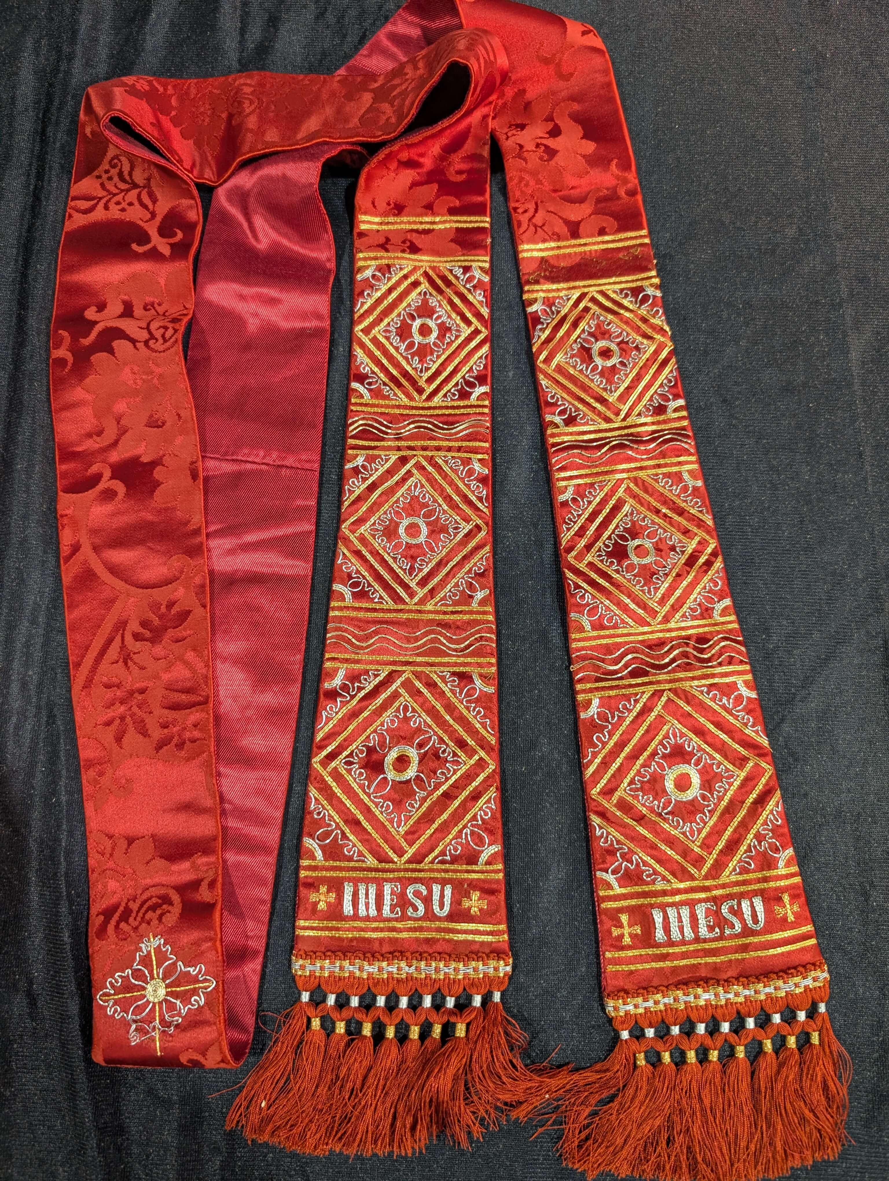 Rich Red Silk Damask Stole with Gold and Silver Thread Embroidery
