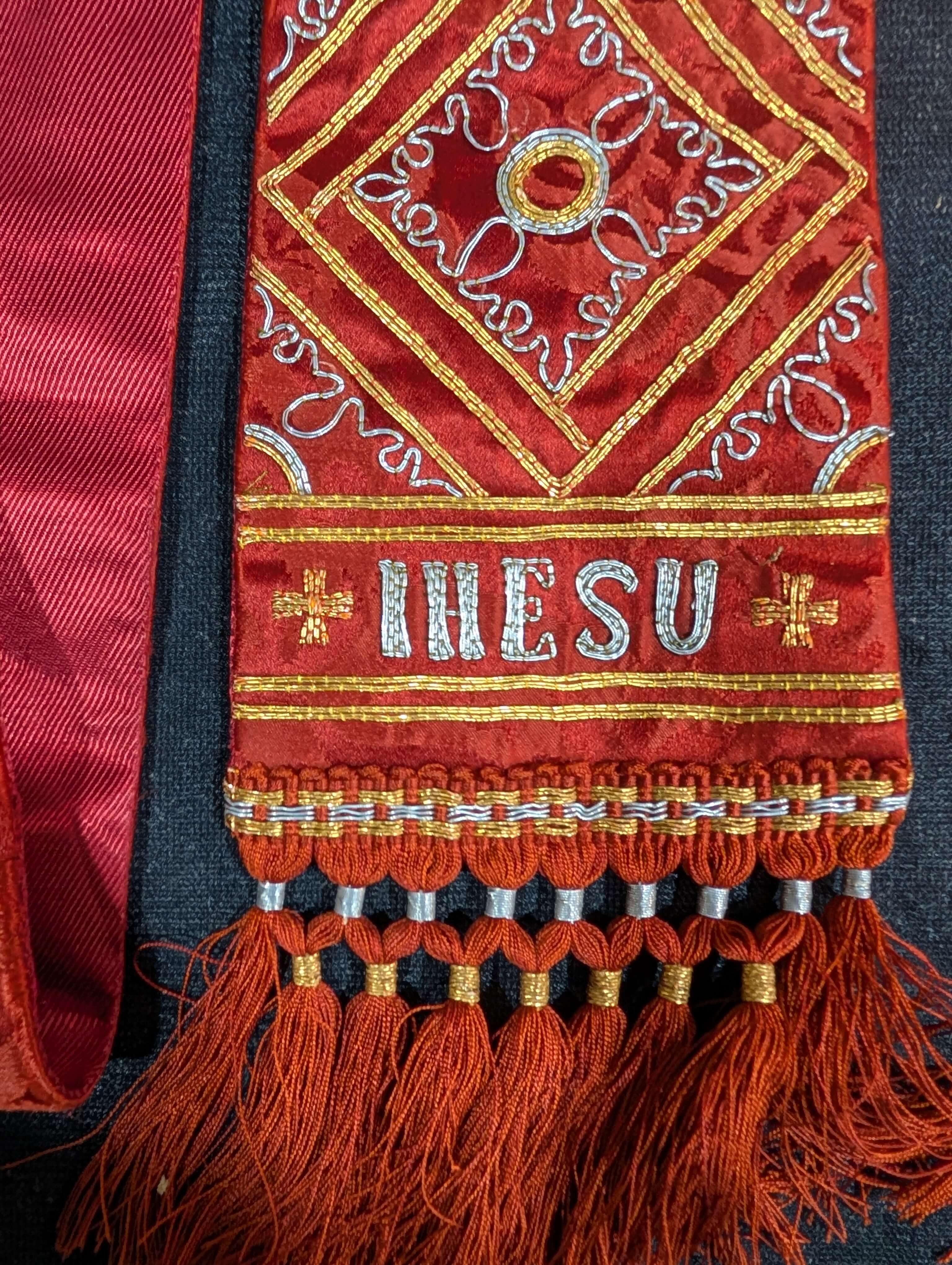 Rich Red Silk Damask Stole with Gold and Silver Thread Embroidery