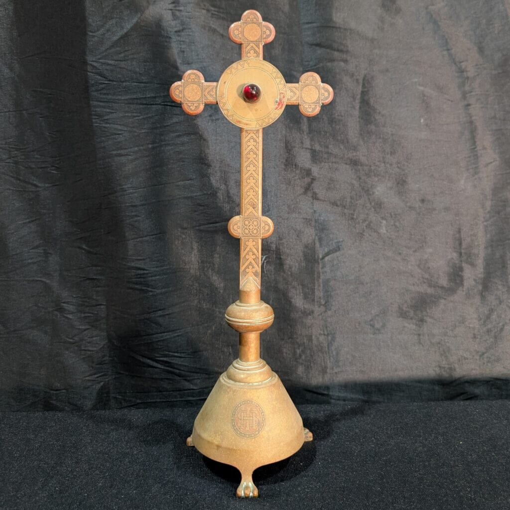 Early Gothic Revival Brass Altar Cross With Large Red Stone And Etched ...